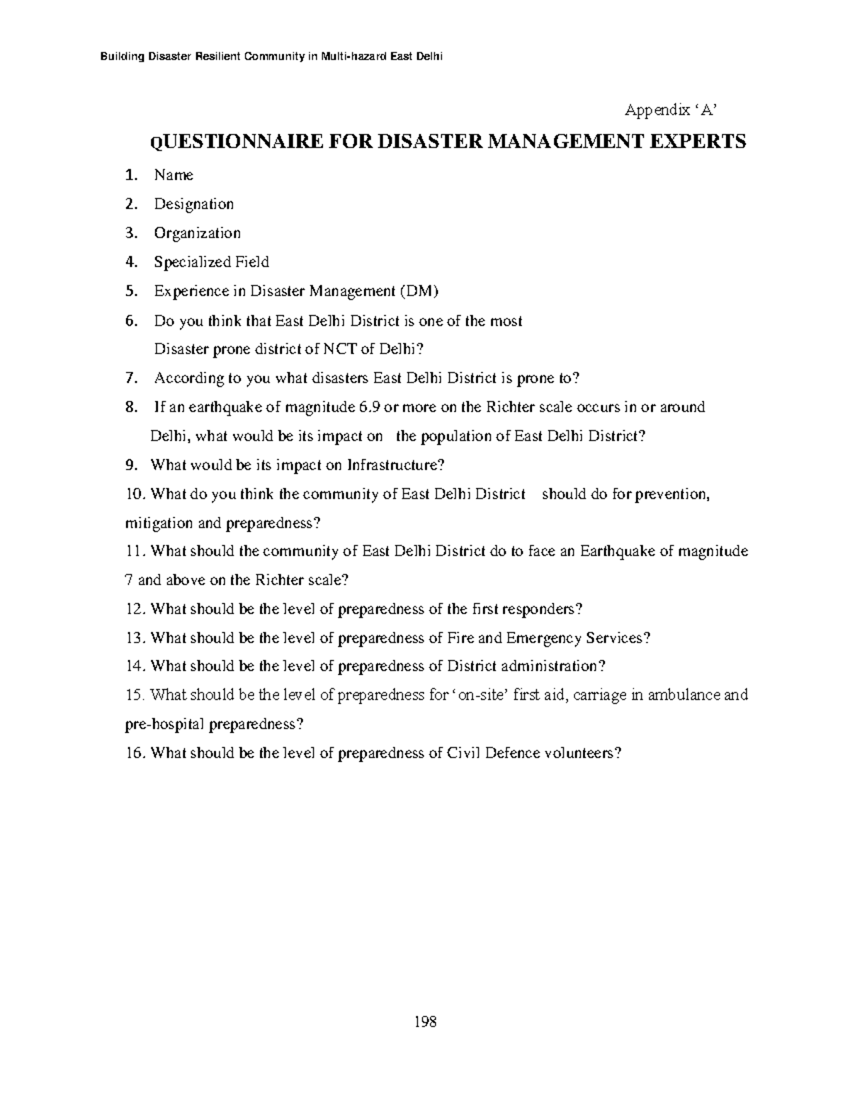 Questionnaires and Modules for Disaster Management Training and ...