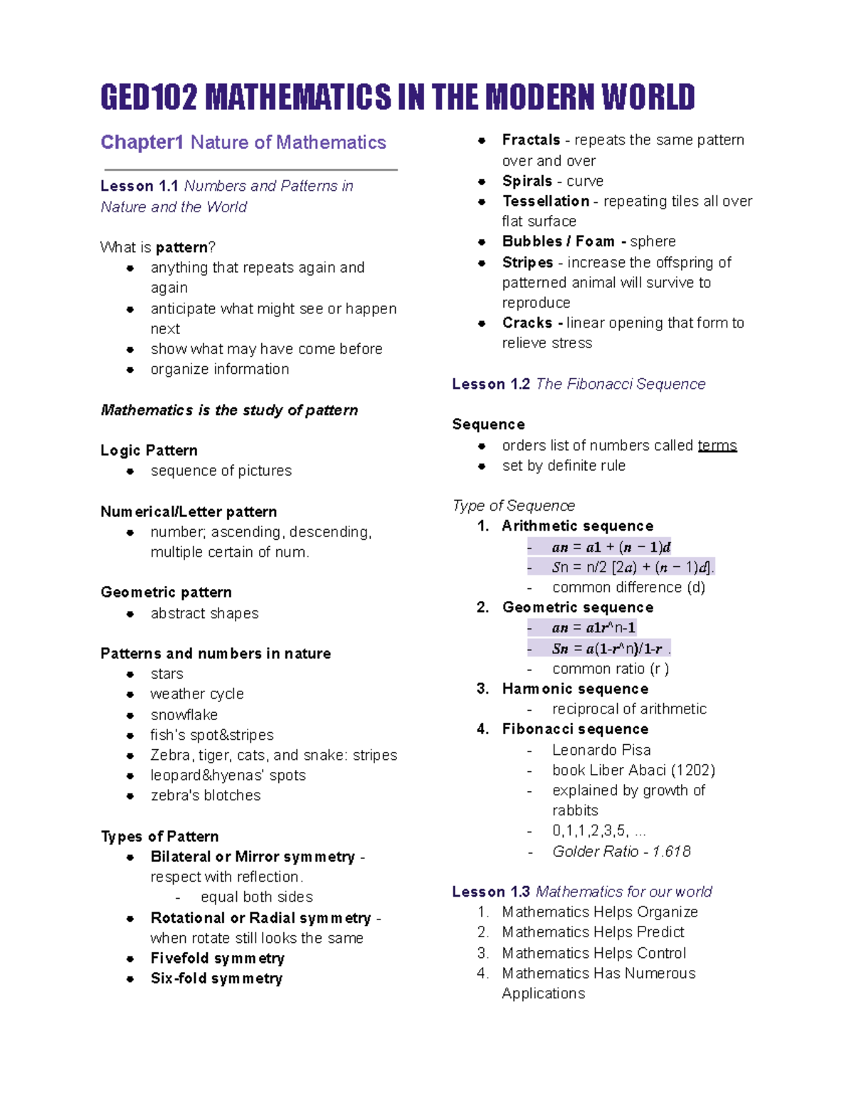 GED102 MATHEMATICS IN THE MODERN WORLD Chapter 1-2 Overview - Studocu