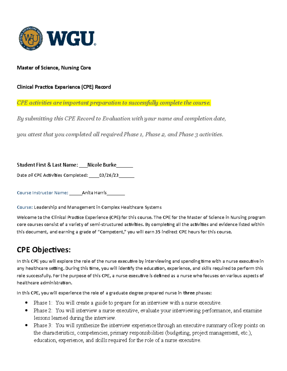 CPE Record D030: Clinical Practice Experience Summary for Nursing ...