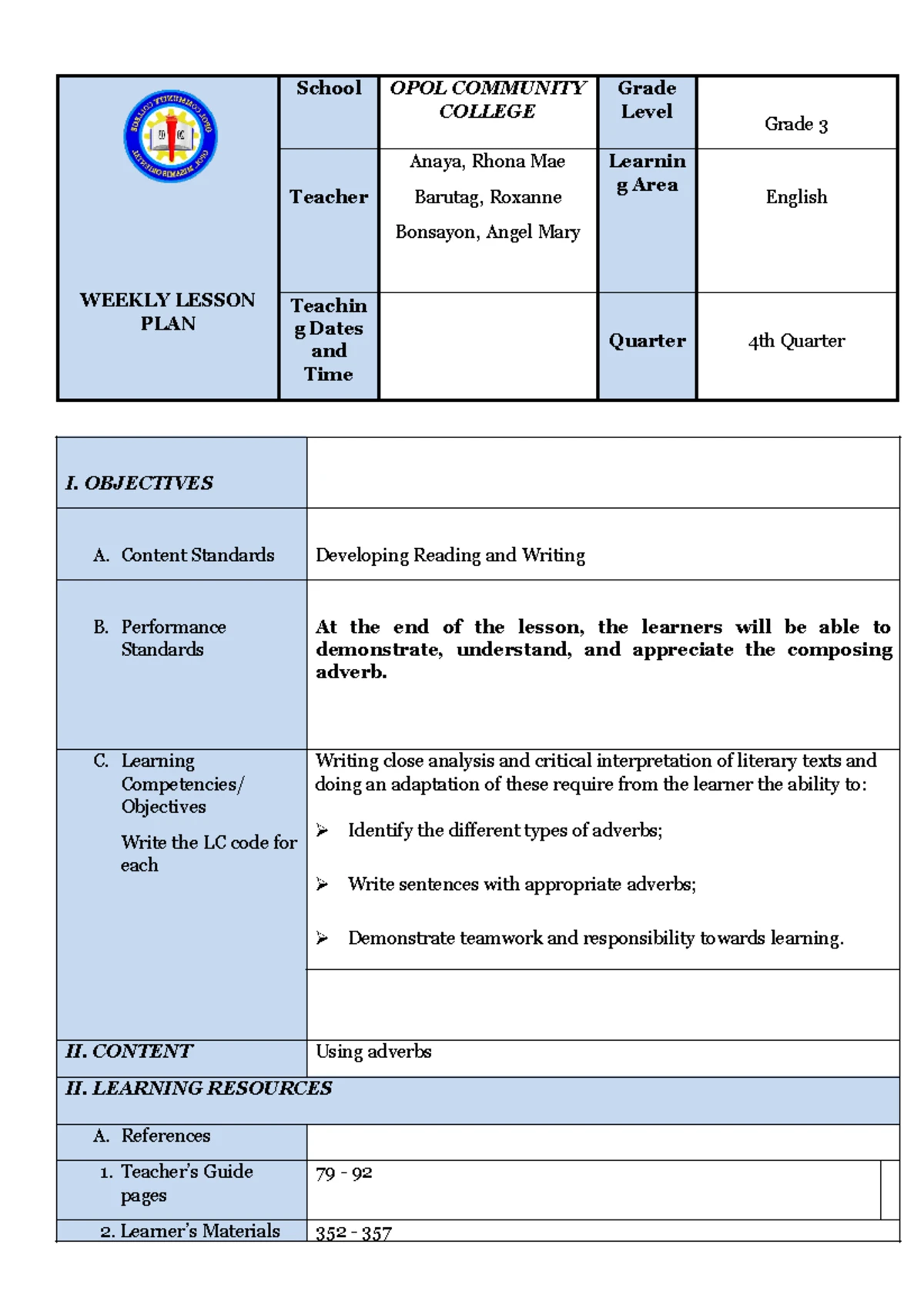 Detailed Lesson Plan on Verbs for OPOL Community College - Studocu