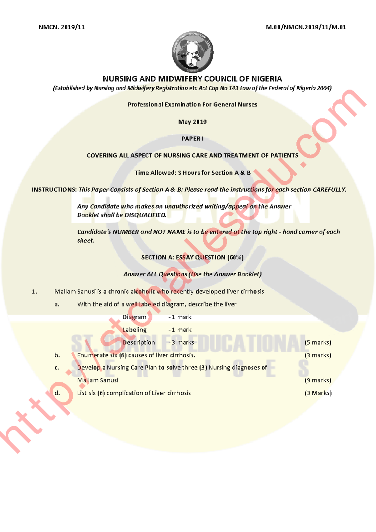 NMCN Past Questions Compilation for Nursing Exams (2012-2019) - Studocu