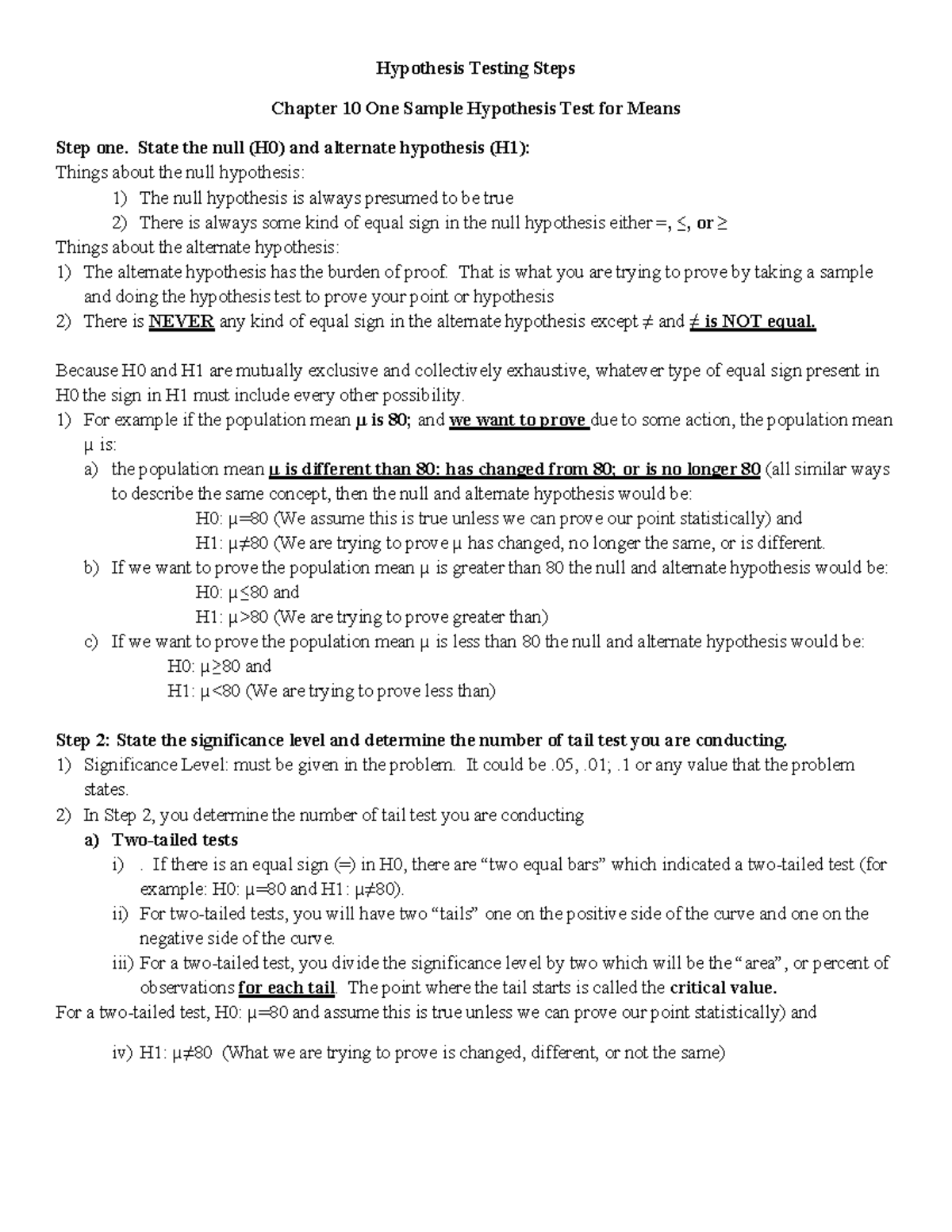 One-Sample Hypothesis Testing Steps in Statistics (Ch. 10 Guide) - Studocu