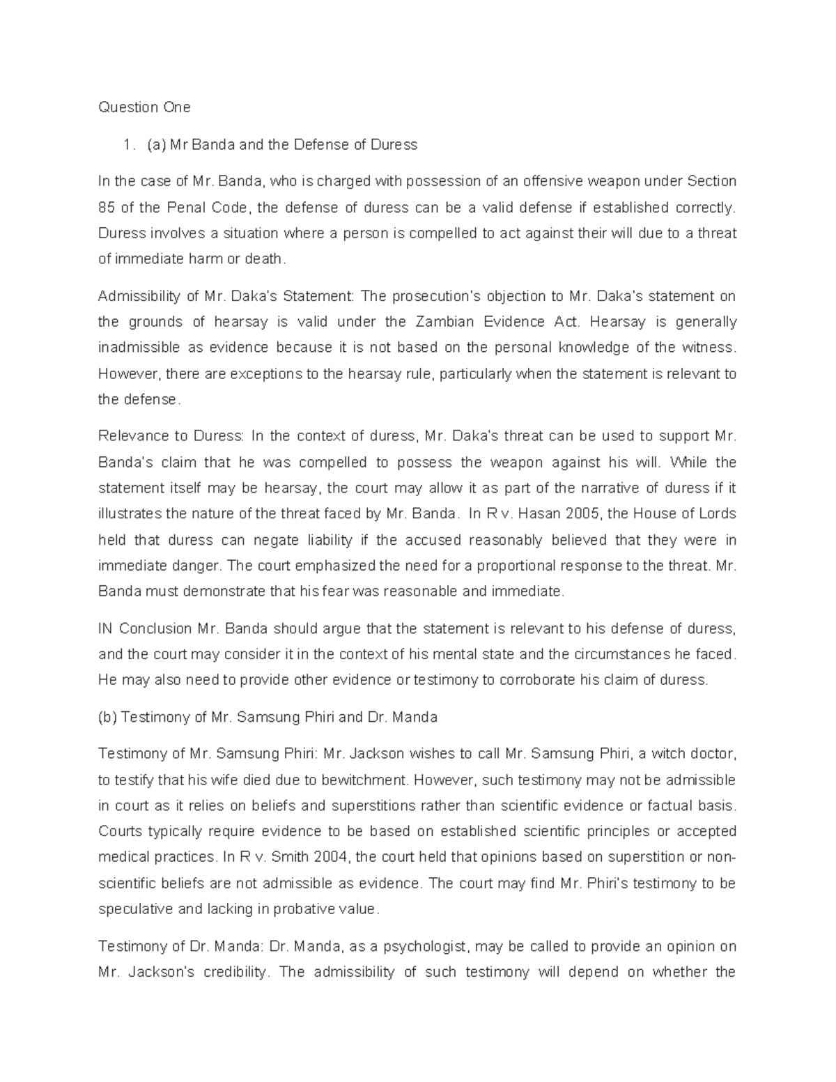 Hearsay and duress defense in Mr. Banda's case analysis - Studocu