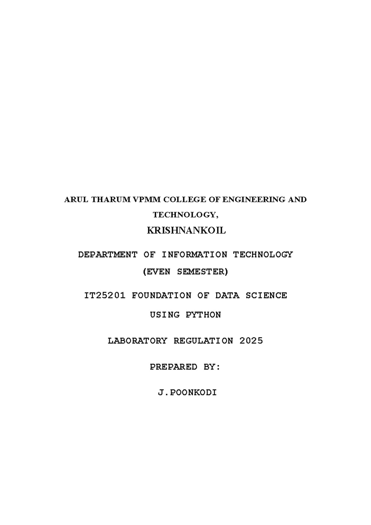 IT25201 Foundation of Data Science Using Python Lab Manual - Studocu