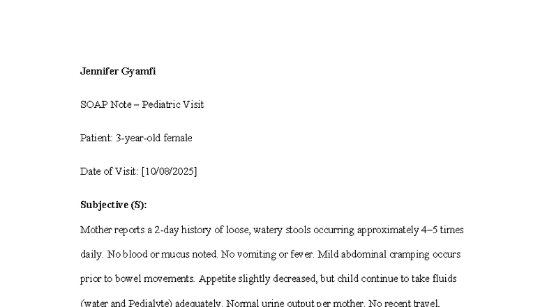 SOAP Note for Pediatric Visit - Assignment 1082025 - Studocu