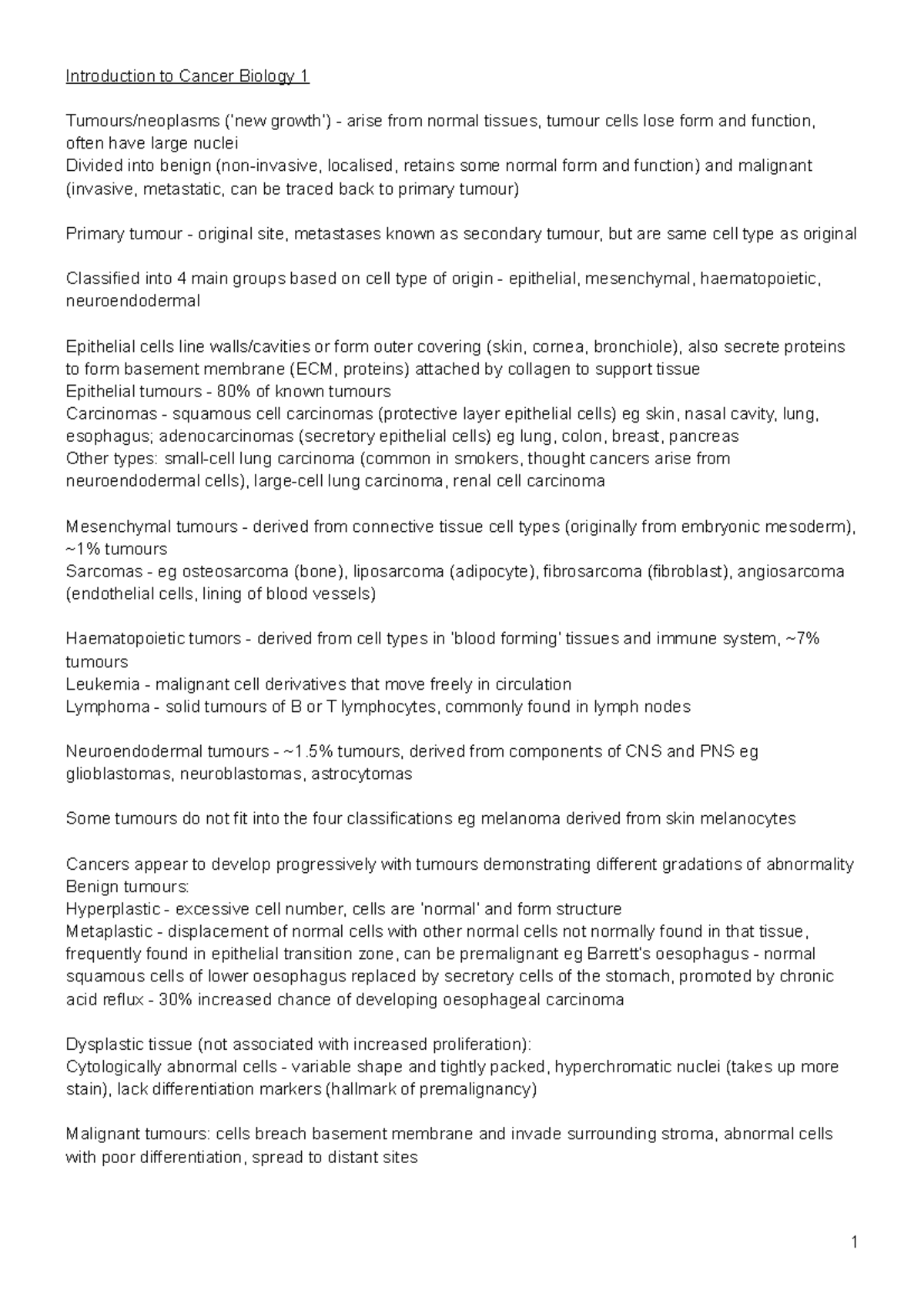 Cancer Biology - Lecture Notes: A Comprehensive Overview of Tumor Types ...