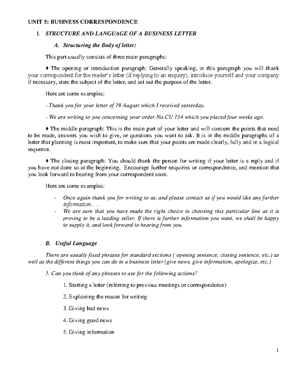 Unit 5 Business Correspondence - Tiếng anh kinh doanh - Studocu