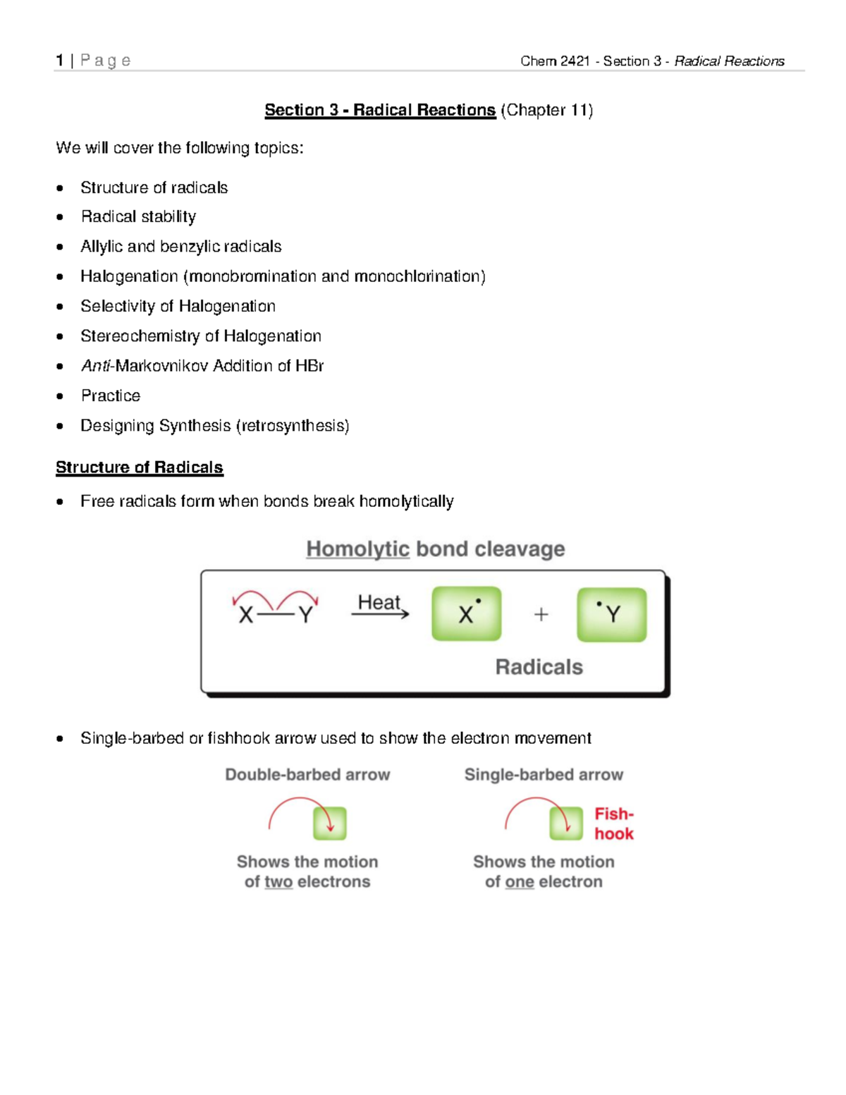 Chem 2421 Section 3: Radical Reactions Lecture Notes and Summary - Studocu