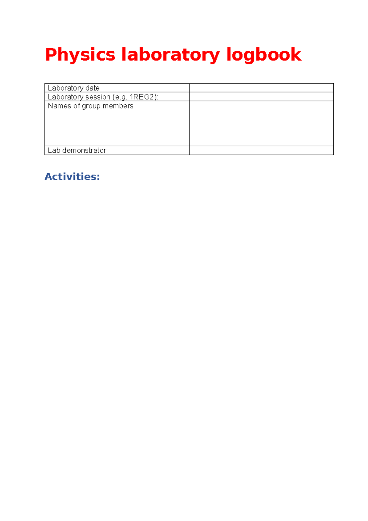 PHYS1001 Logbook Template - PHYS1001 - Physics laboratory logbook ...