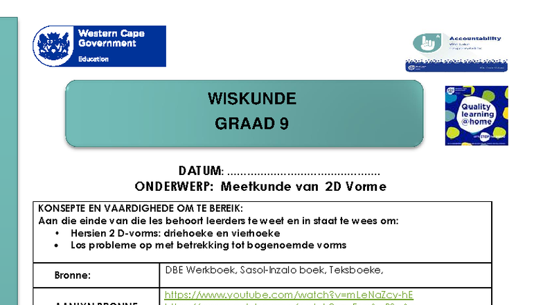 WISKUNDE GRAAD 9: Meetkunde van 2D Vorme Lesnotas - Studocu