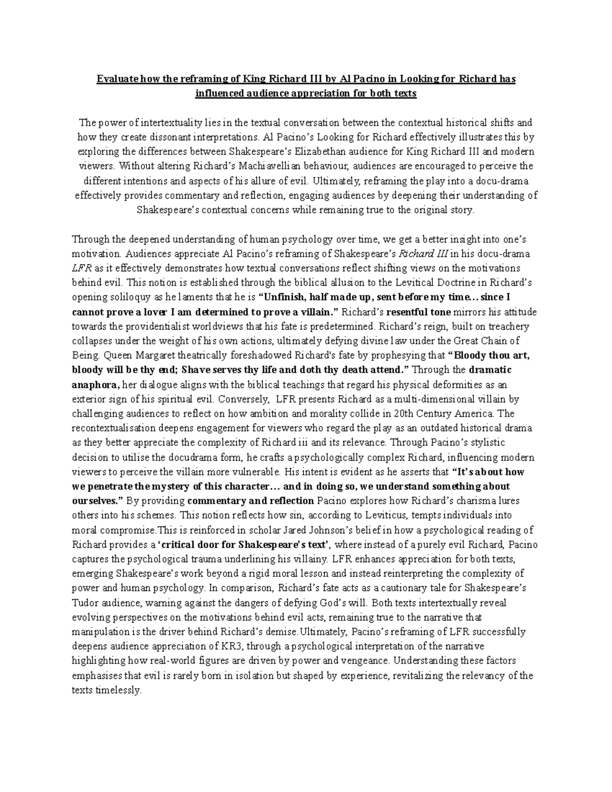 KR3 & LFR Essay: Intertextuality and Audience Perception of Evil - Studocu