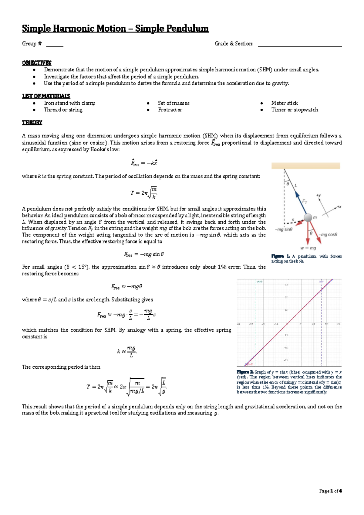 PHY2 Q1 Lab1 - Simple Harmonic Motion of a Pendulum - Studocu
