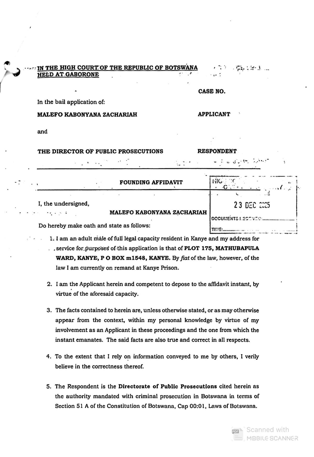 Bail Application Affidavit: Malefo Kabonyana Zachariah - HIG C - Studocu