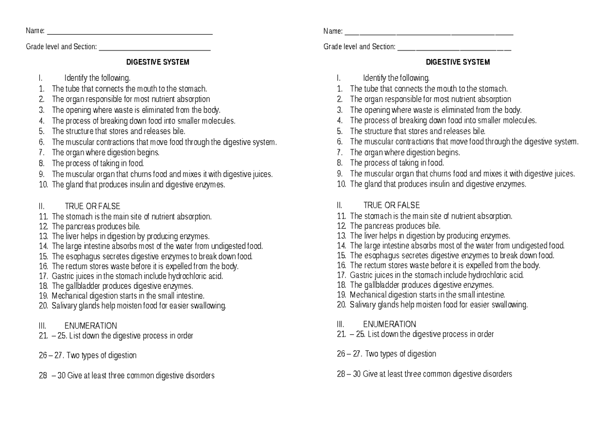 Digestive System Quiz: Key Concepts and True/False Questions - Studocu