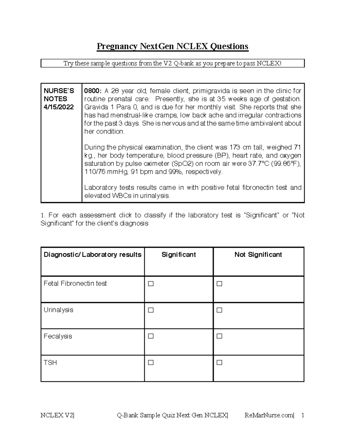 Pregnancy V2 NCLEX Qbank Sample Quiz - Key Assessment Insights - Studocu