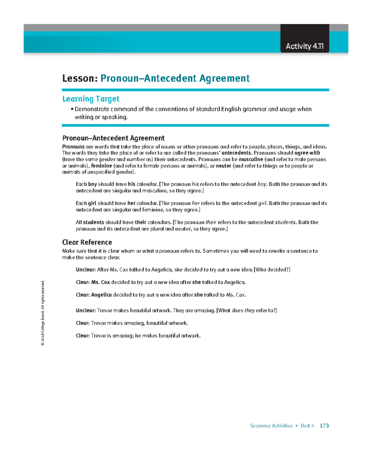 Unit 4 Pronoun Antecedent Agreement - Teacher - Activity 4. Lesson ...