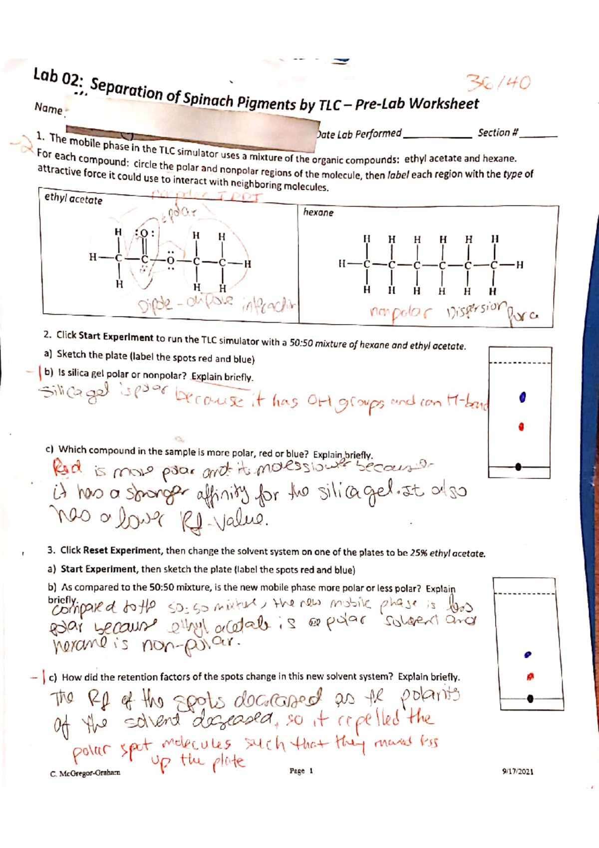 Chm 126 Final Exam Pre-lab 2 - TLC Pigments Analysis Worksheet - Studocu
