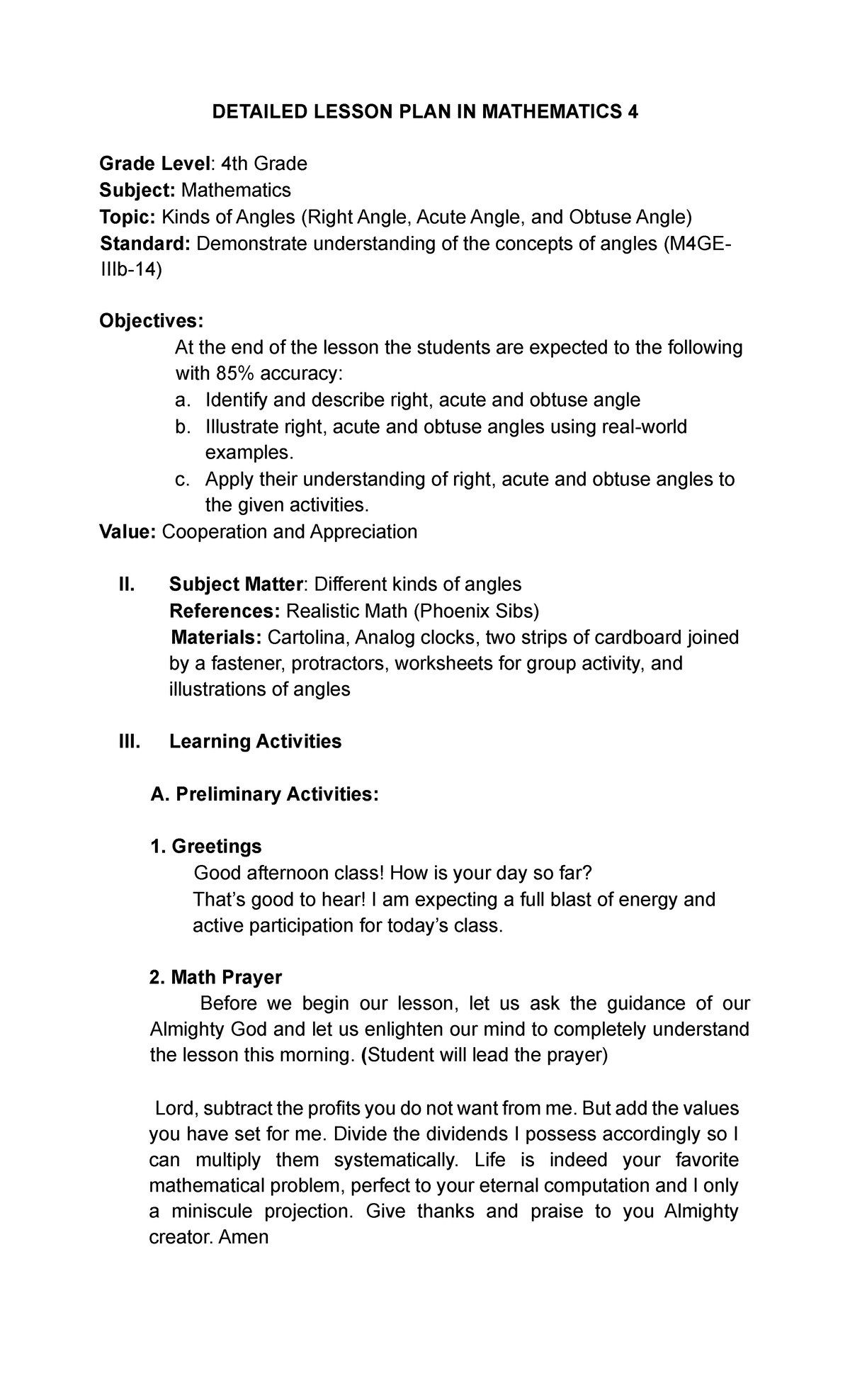 Detailed Lesson Plan for 4th Grade Math: Kinds of Angles (M4GE-IIIb-14 ...