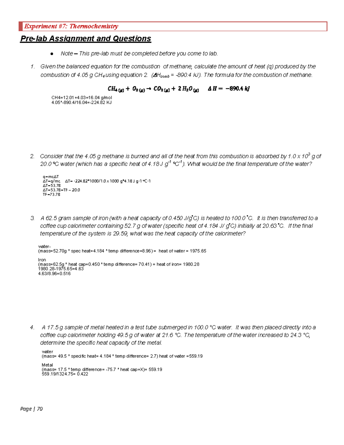 Experiment #7 Thermochemistry - Experiment #7: Thermochemistry Page ...