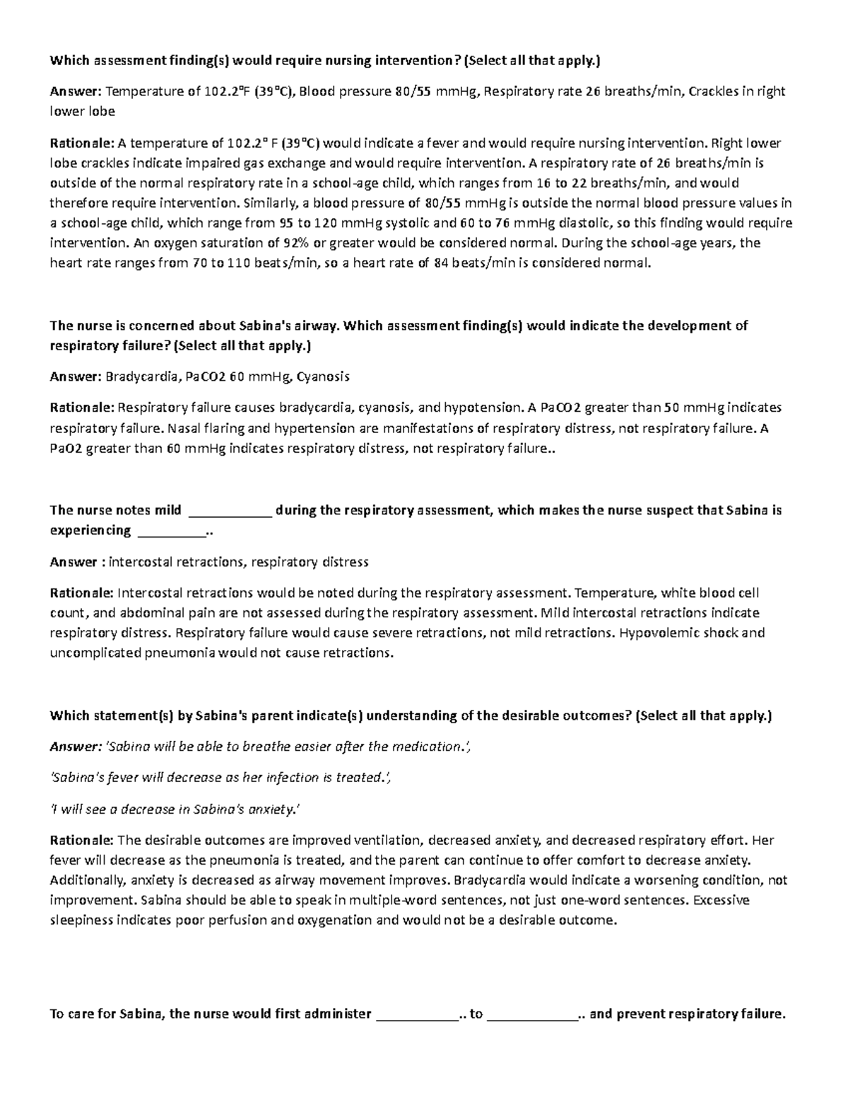 NUR 201 Sabina Vasquez Post Quiz: Nursing Interventions & Assessments ...