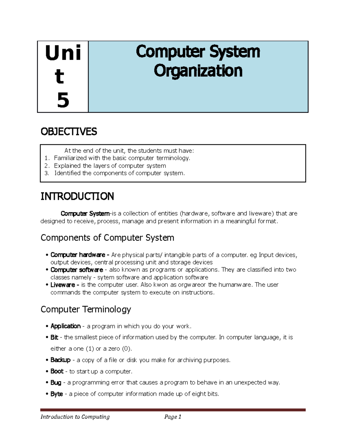 Unit-5 - Computer System Organization - Uni t 5 Computer System ...