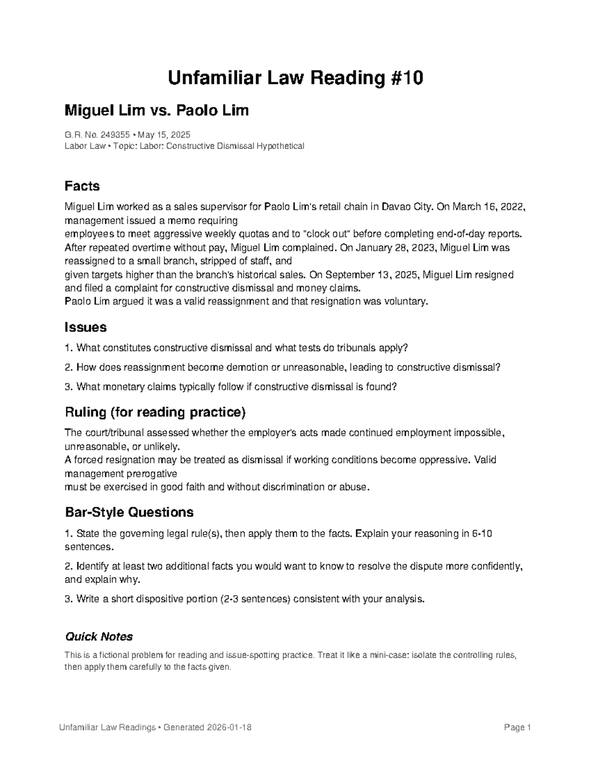 Labor Law Case Study: Miguel Lim vs. Paolo Lim (G.R. No. 249355) - Studocu