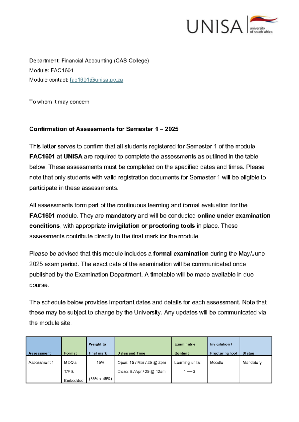 FAC1601 Semester 1 Assessment Timetable for 2025 - Studocu