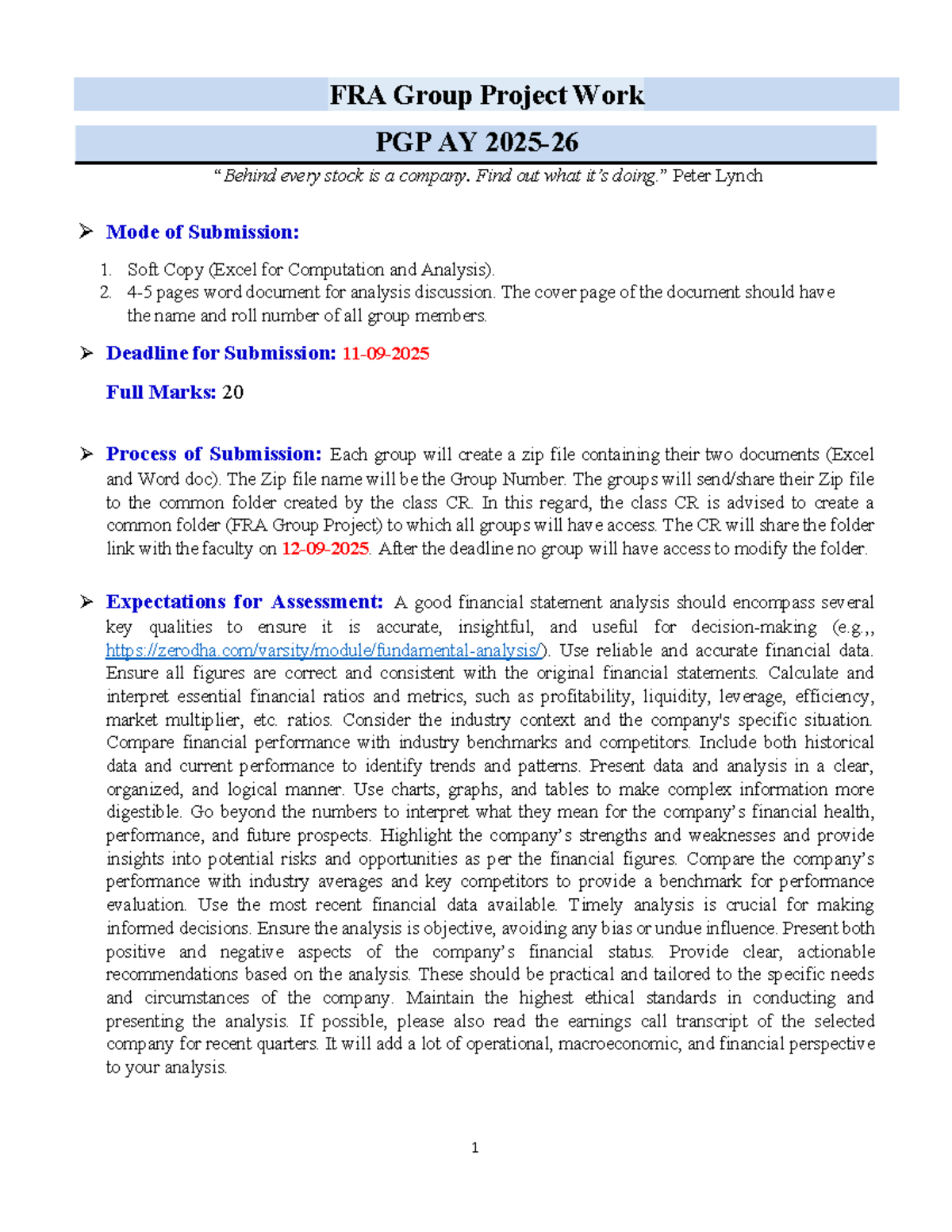 FRA Group Project Work Announcement: Peter Lynch Analysis Guide - Studocu