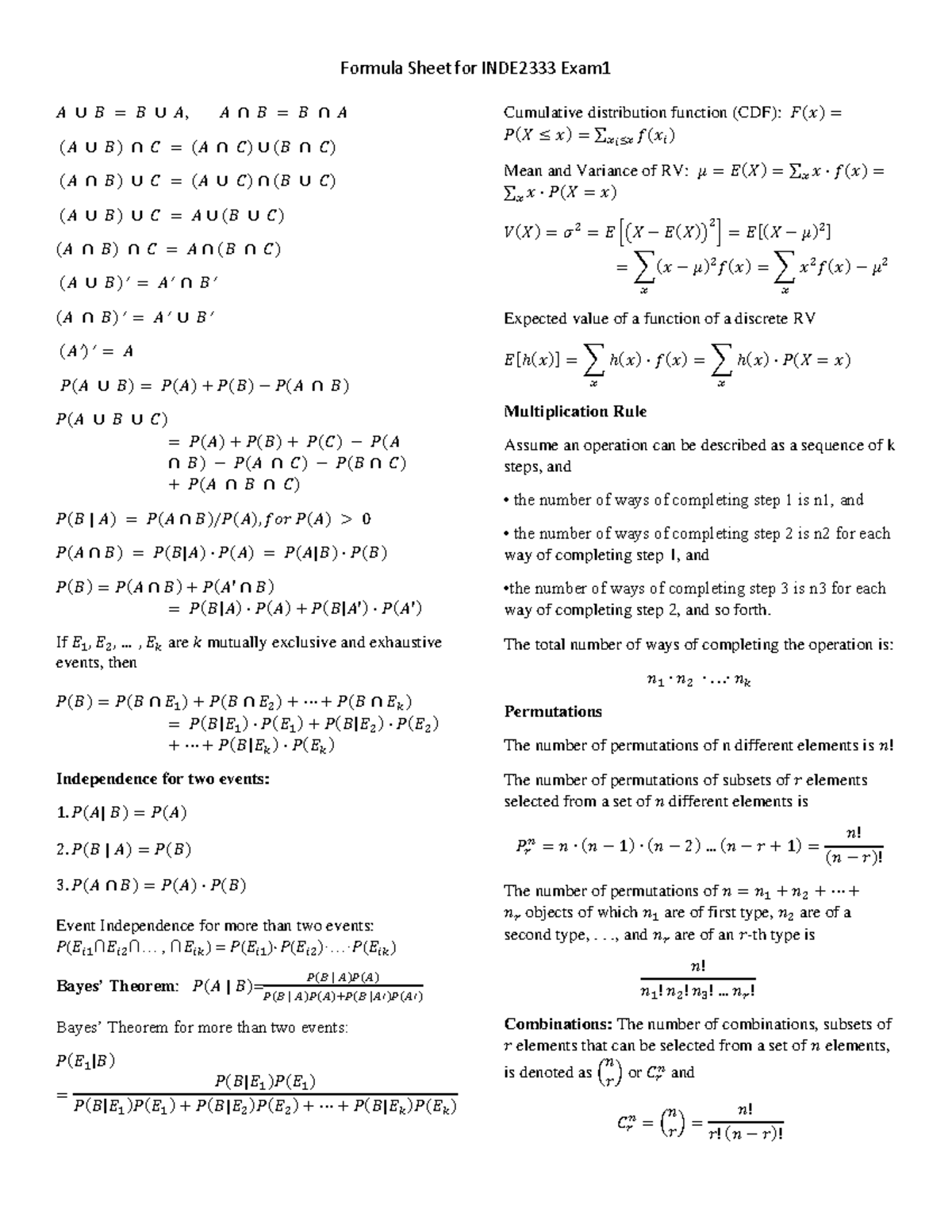 INDE2333 Formula Sheet for Exam 1: Chapters 2 & 3 - Studocu