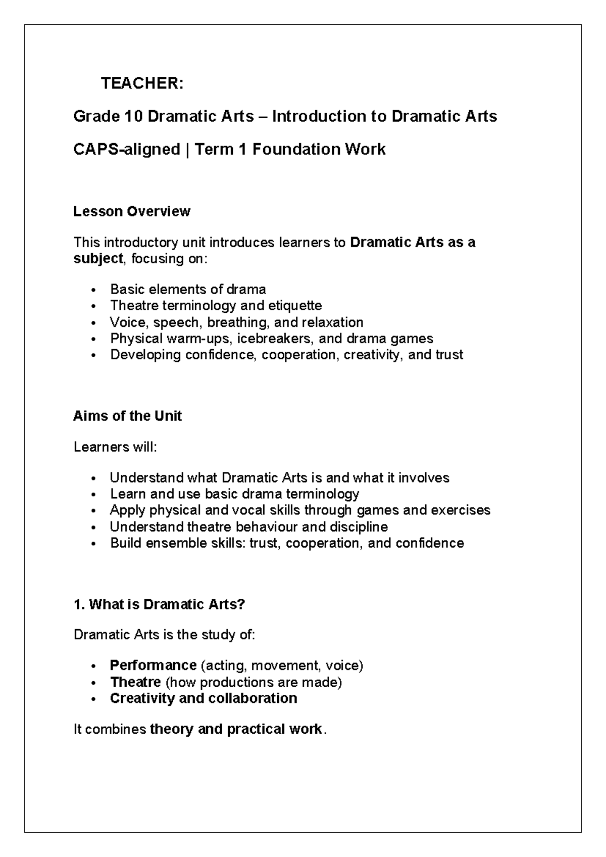 G10 Dramatic Arts: Intro to Drama Term 1 Lesson Overview - Studocu