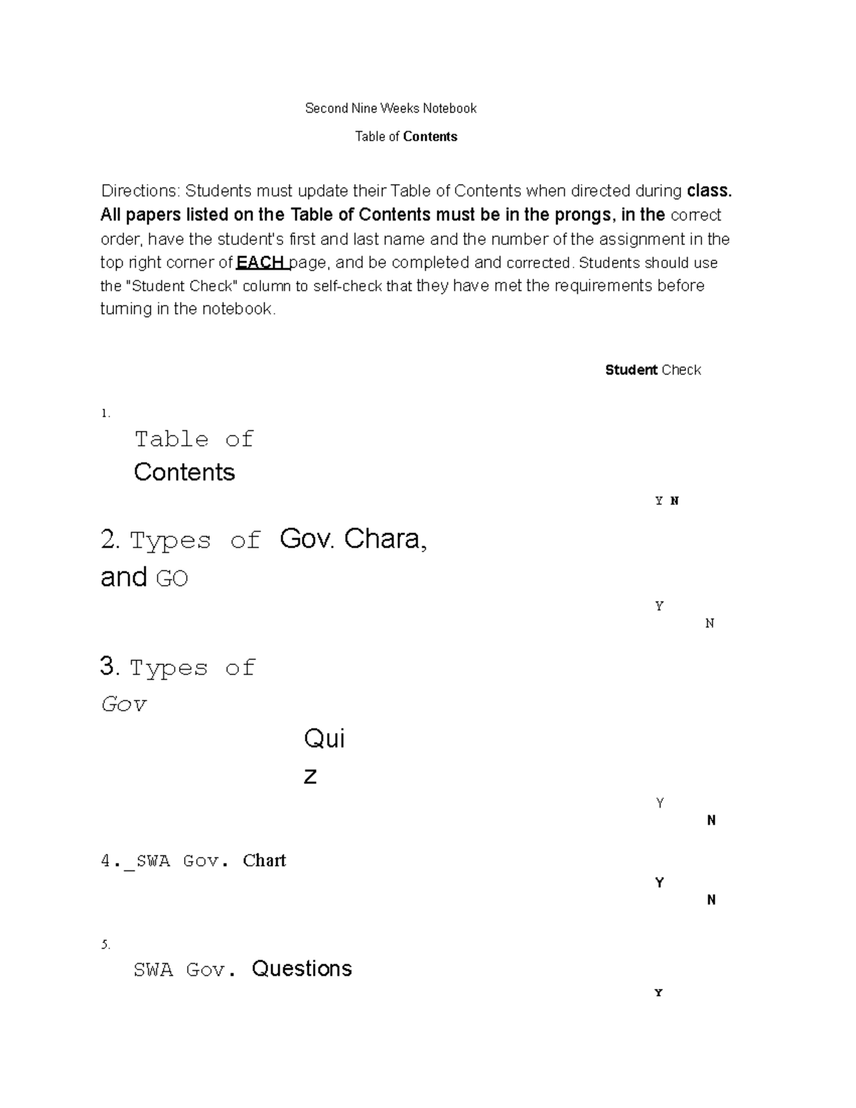 2nd 9 Weeks Notebook Table of Contents & SW Asia Gov. Key - Studocu
