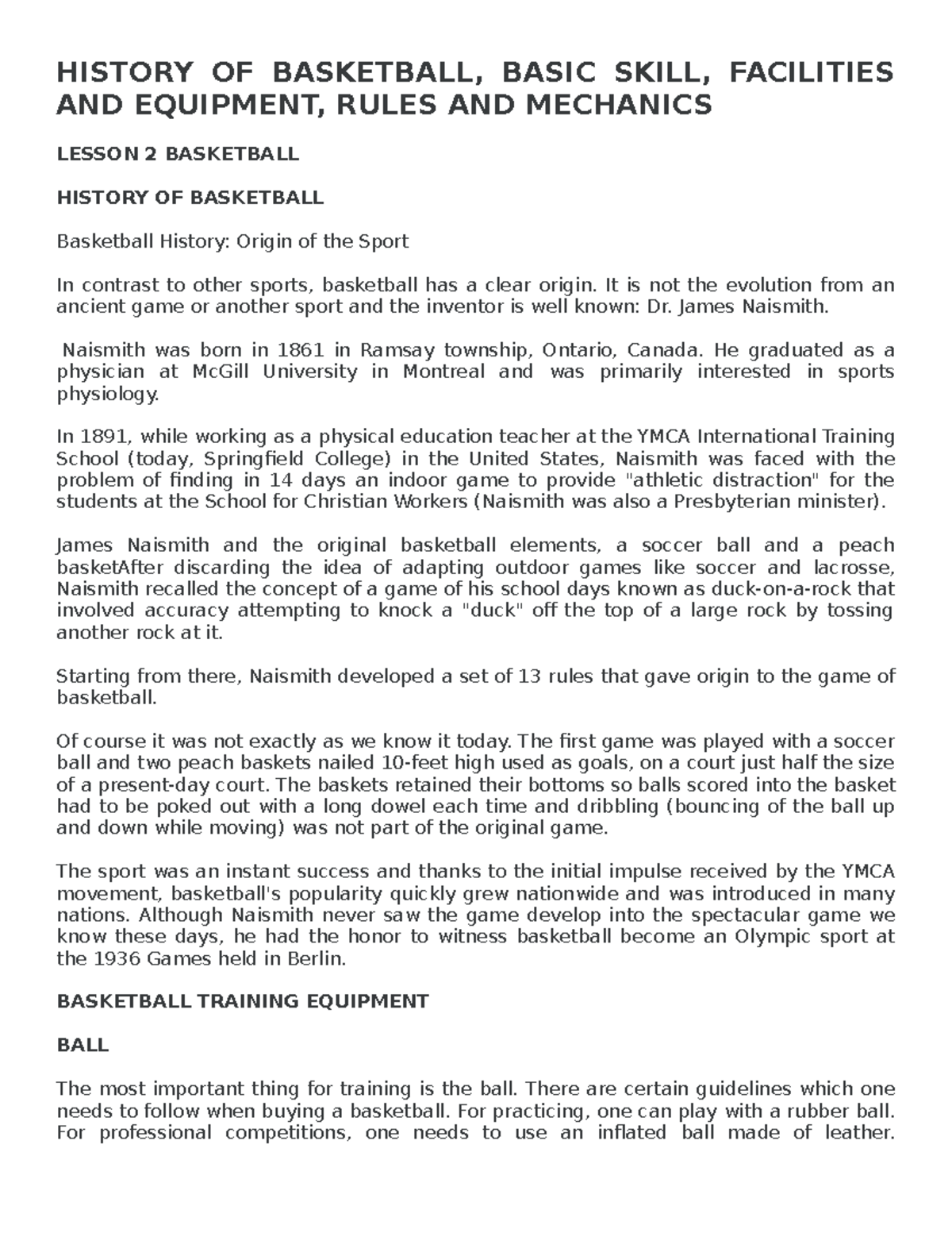 History OF Basketball - Lecture notes 1-2 - HISTORY OF BASKETBALL ...