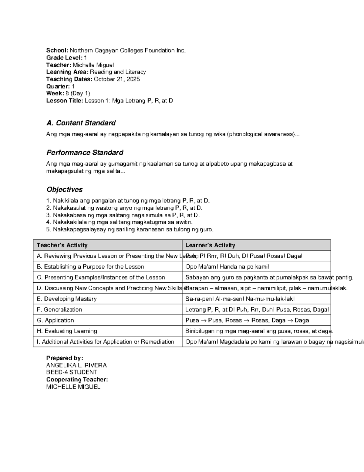 Detailed Lesson Plan: Mga Letrang P, R, at D (Grade 1) - Studocu
