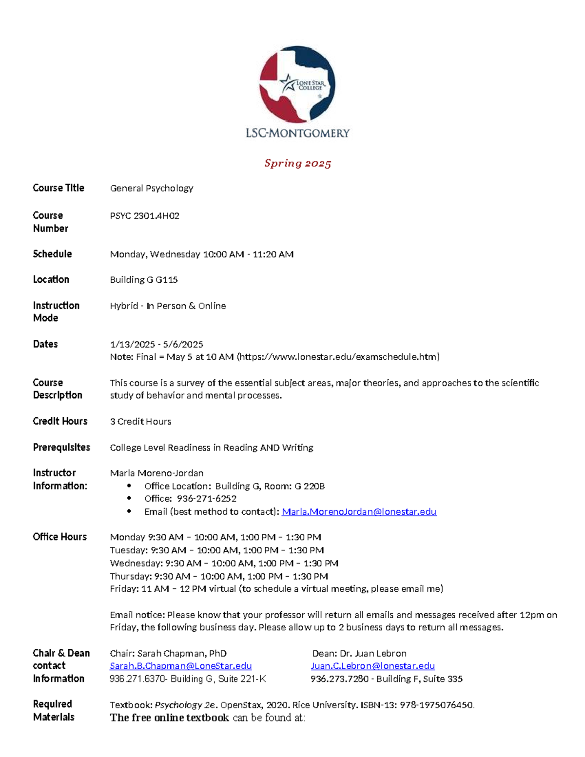 PSYC 2301.4H02 General Psychology Course Overview & Final Exam Details ...