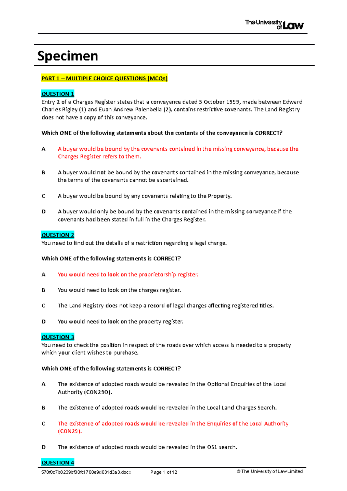 Specimen Paper - Potential Answers for LPC Exam Preparation - Studocu
