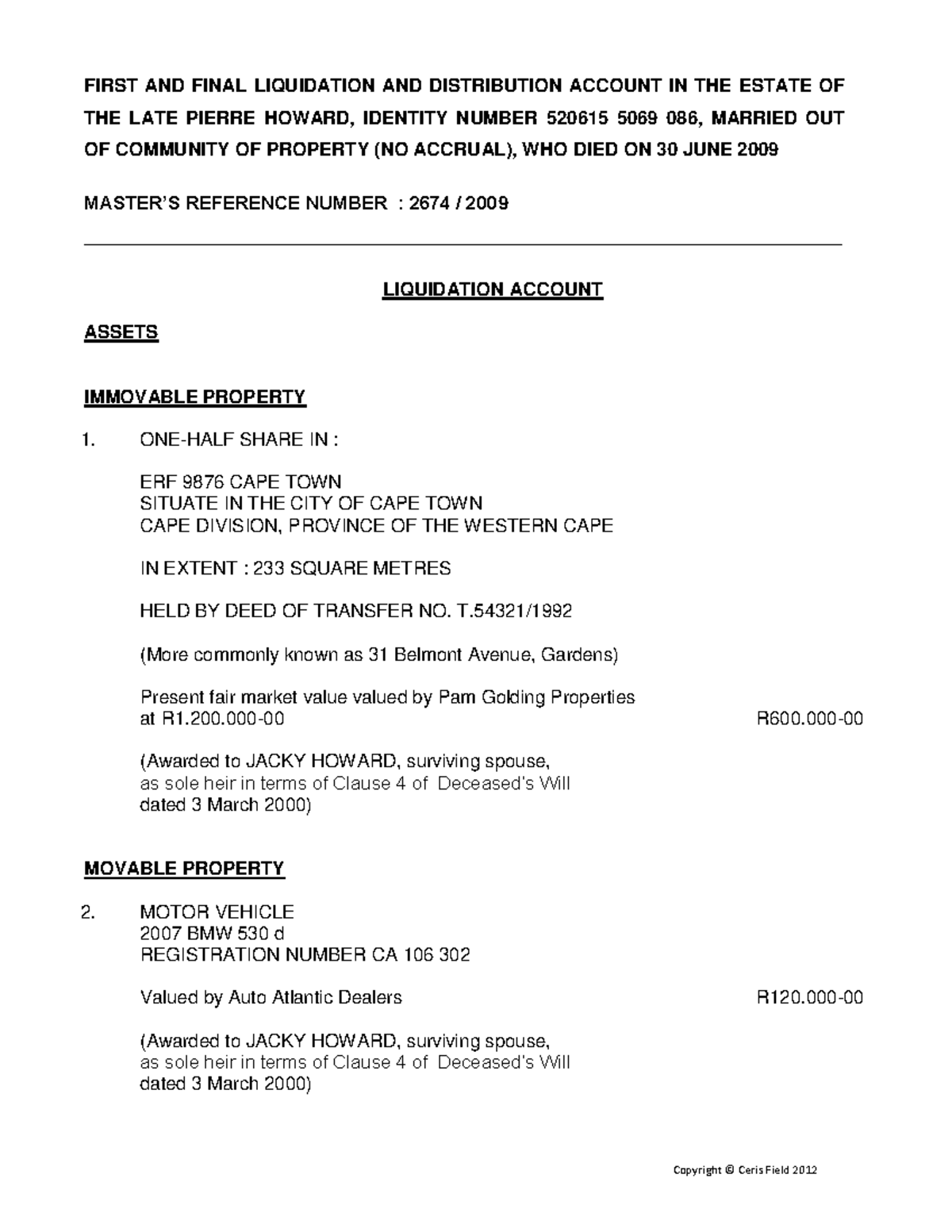 Final Liquidation and Distribution Account - Estate of Pierre Howard - Studocu