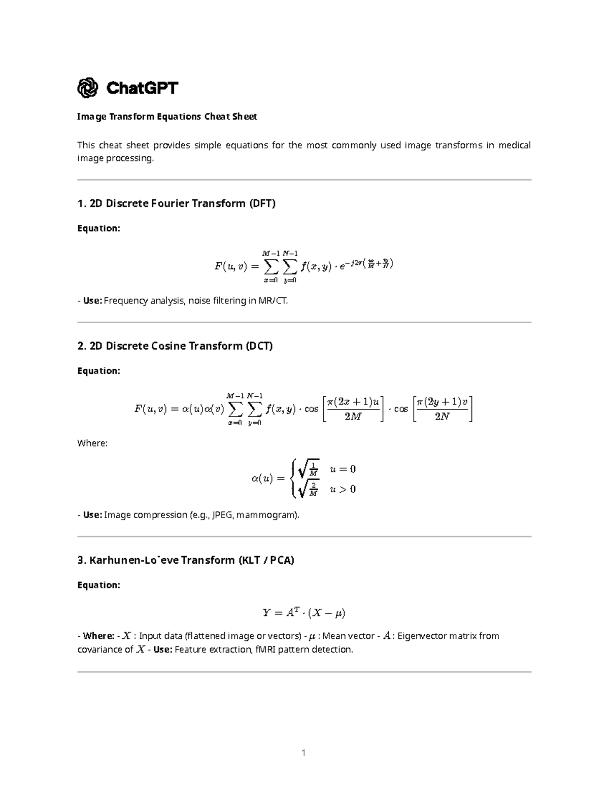Image Transform Equations Cheat Sheet for Medical Imaging - Studocu