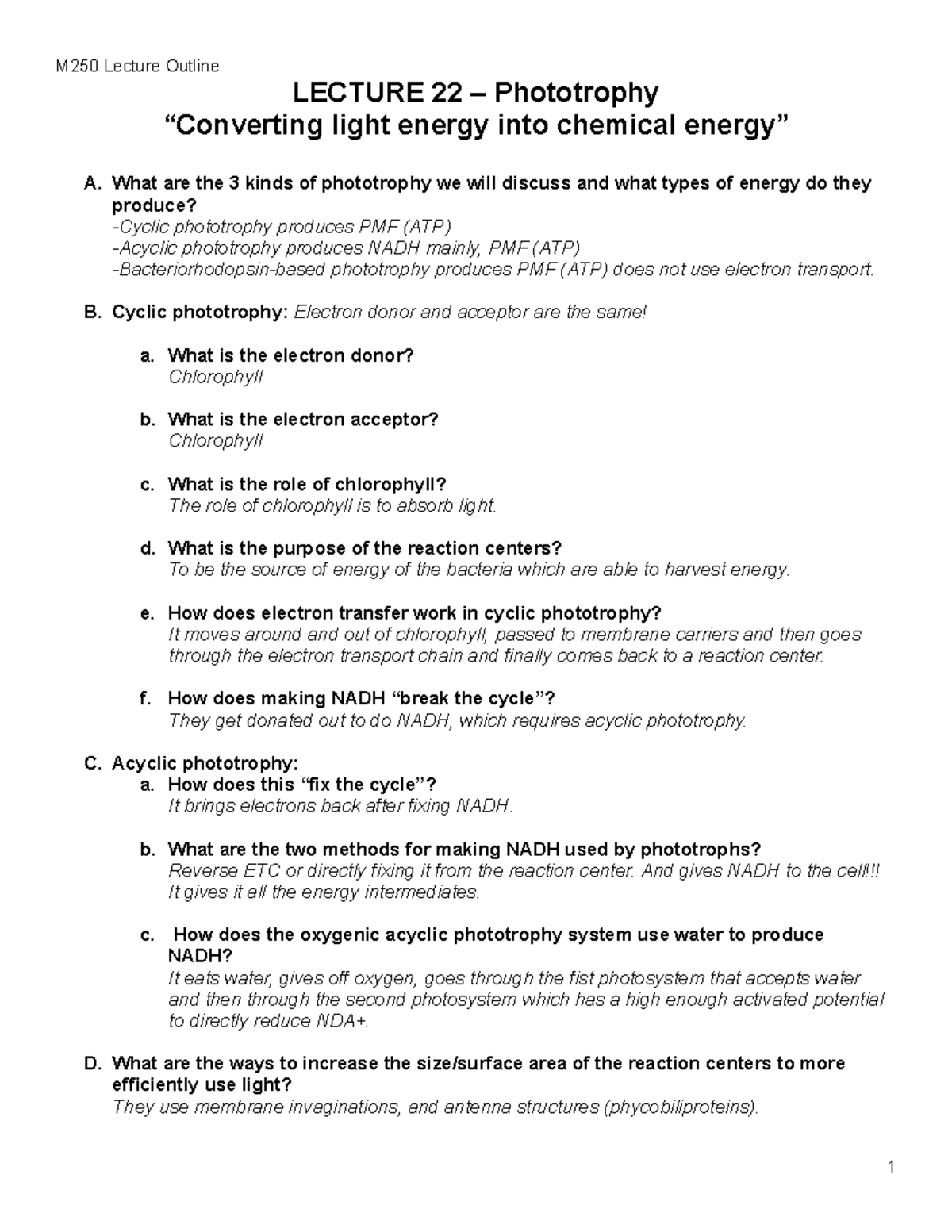 Lecture 22 Phototrophy - M250 Lecture Outline LECTURE 22 – Phototrophy ...