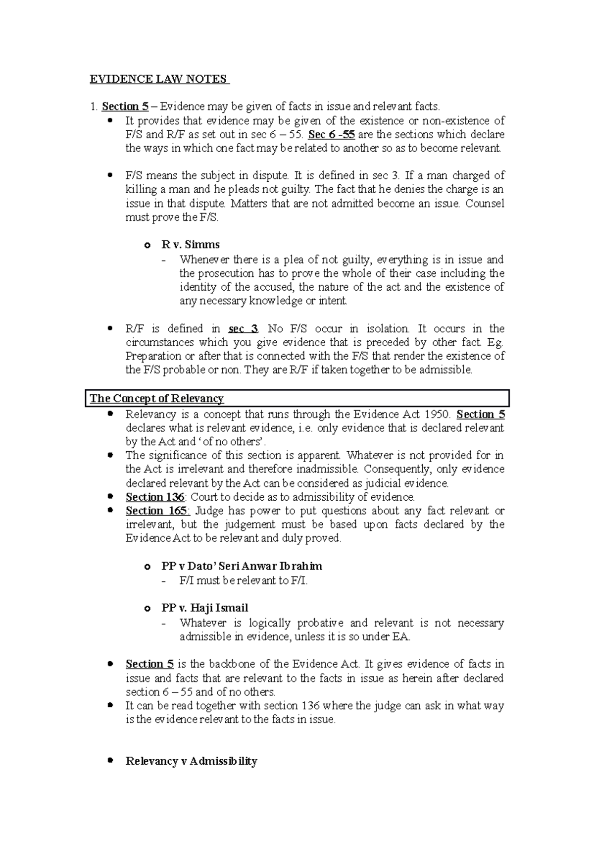 Evidence Notes (Compiled) Final - EVIDENCE LAW NOTES 1. Section 5 ...