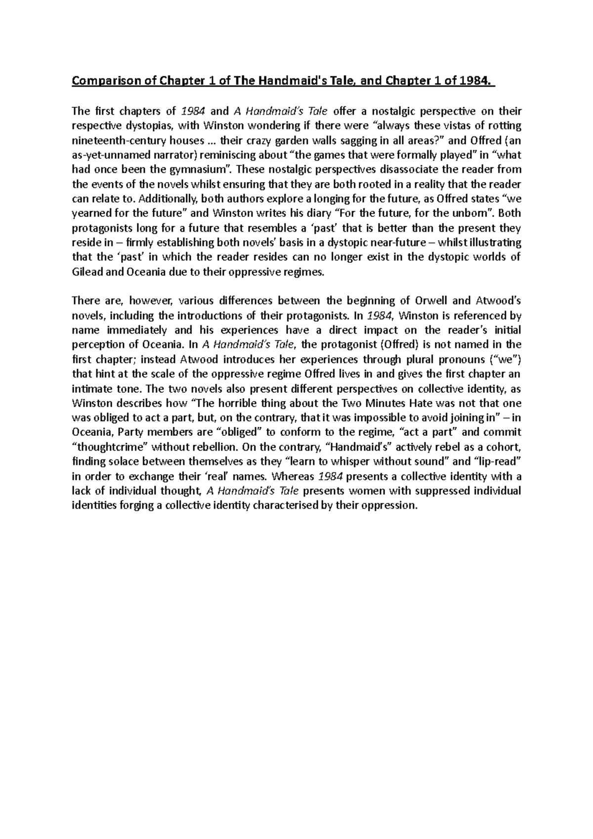 Comparative Analysis: 1984 vs. Handmaid's Tale Chapter 1 Essay - Studocu