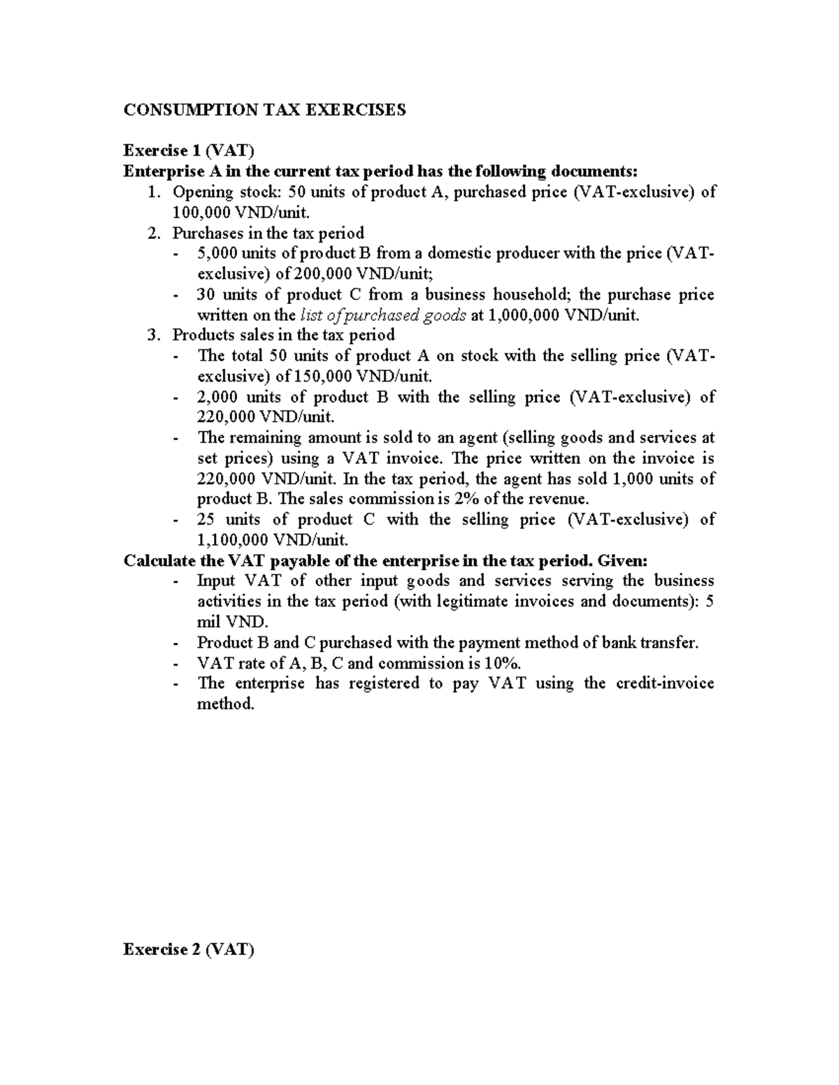Consumption Tax Exercises: VAT and Excise Tax Calculations - Studocu