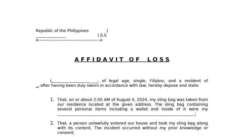 Affidavit of Loss Sample - Philippines Legal Document - Studocu
