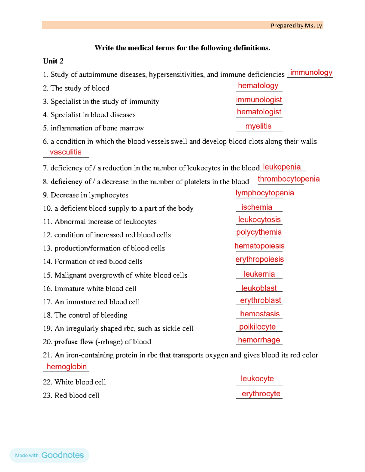 Medical Terms for Definitions - Unit 2 & 3 - Studocu