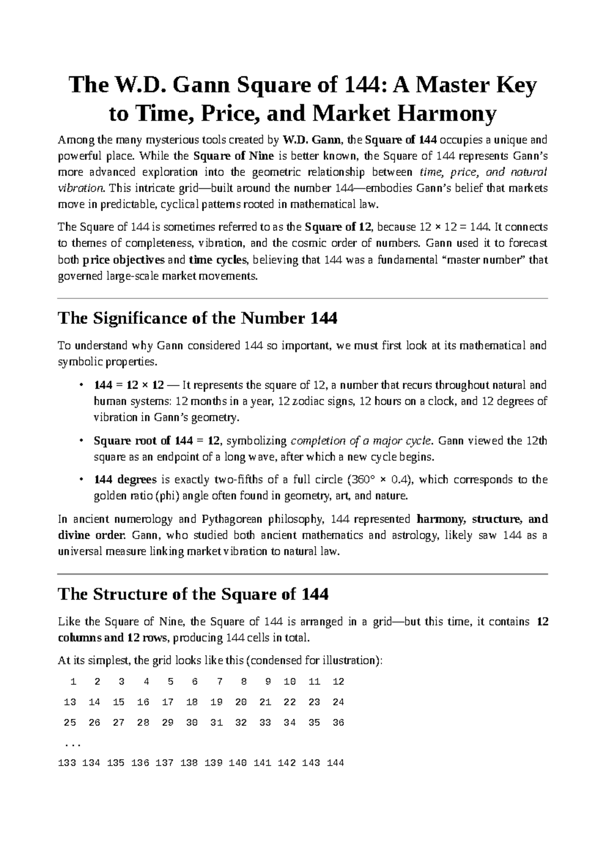 W.D. Gann's Square of 144: Unlocking Market Harmony and Cycles - Studocu