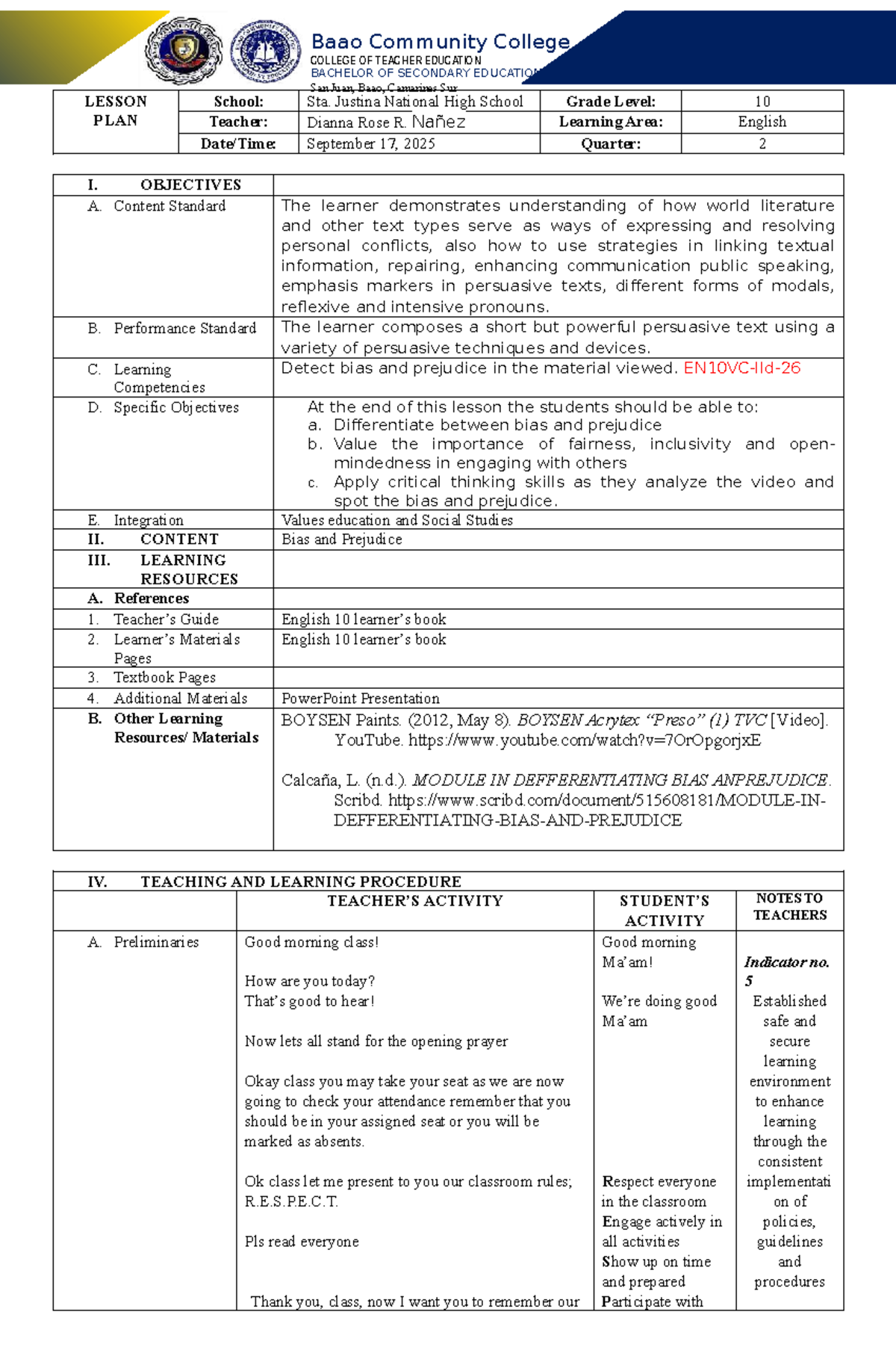 Baao Community College BSED 10 English 2 Lesson Plan on Bias and ...