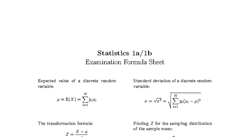 Statistics Exam Formula Sheet: Key Concepts & Equations - Studocu