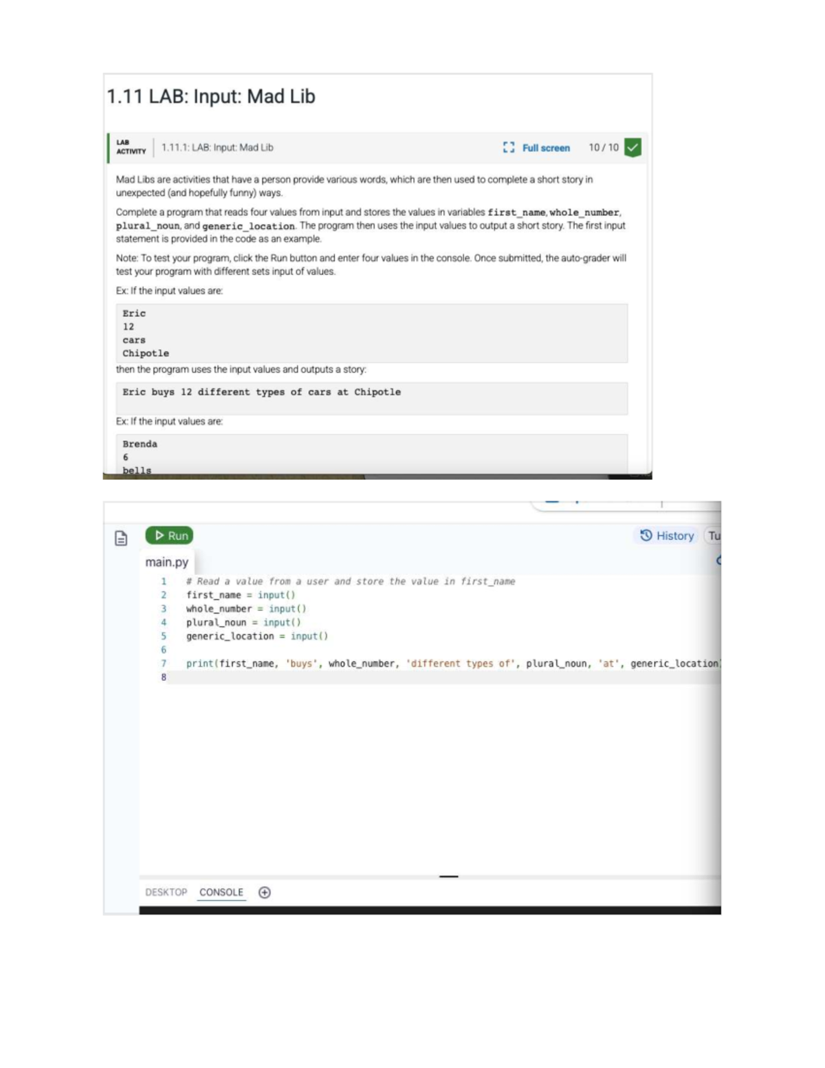1.11 LAB: Input: Mad Lib Activity and Program Guide - Studocu