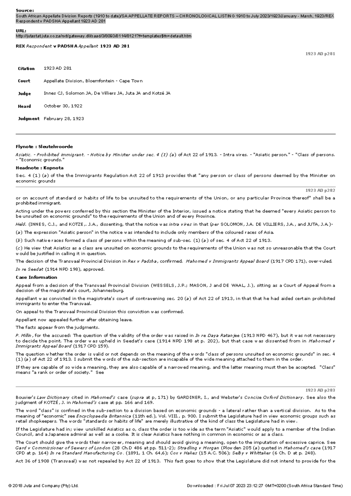 Case Study on REX Respondent v Padsha Appellant 1923 AD 281 - Studocu