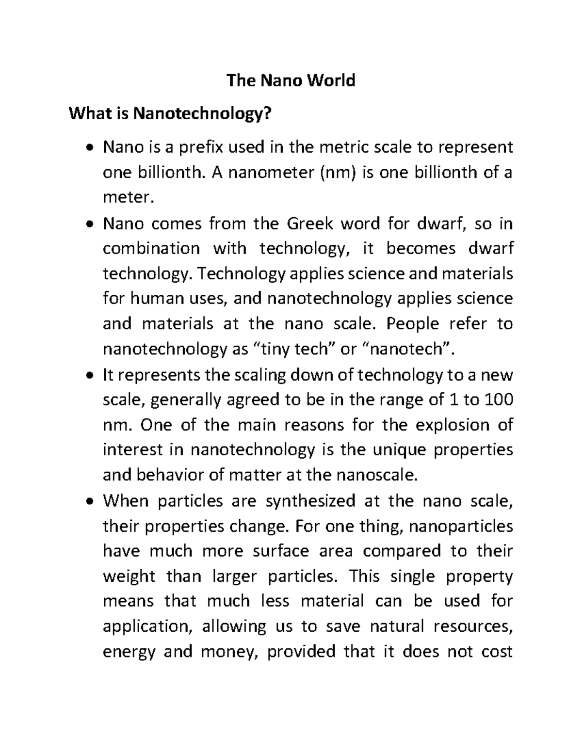 STS The Nano World - The Nano World What is Nanotechnology? Nano is a ...