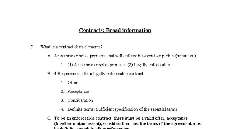 Contracts I Outline: Key Elements and Legal Principles - Studocu